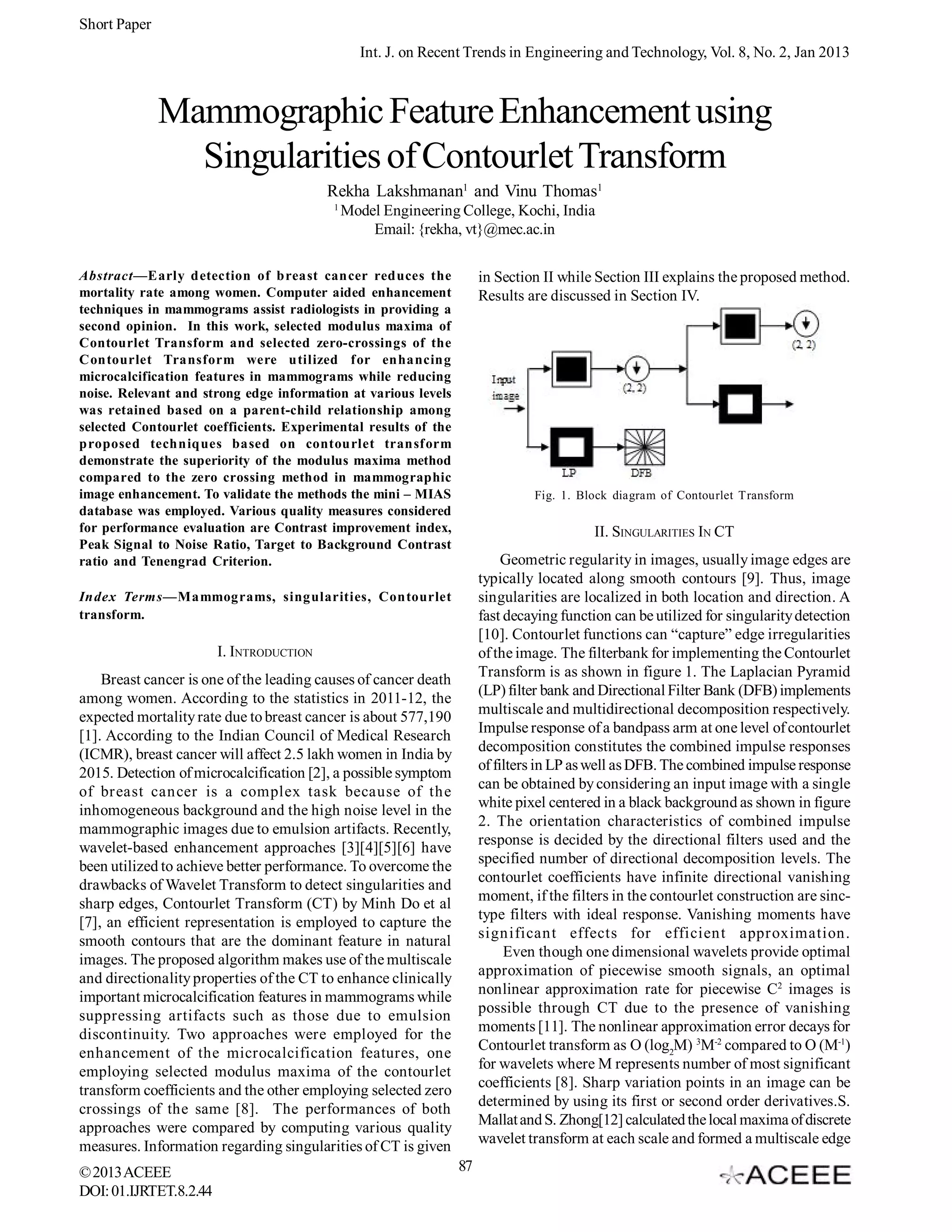 Mammographic Feature Enhancement using Singularities of Contourlet Transform | PDF