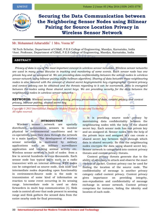 Securing the Data Communication between the Neighboring Sensor Nodes using Bilinear Pairing for ...