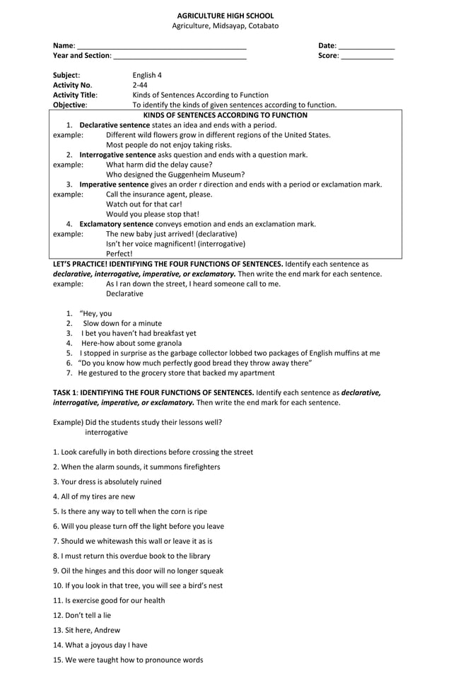 44 kinds of sentences according to function | PDF