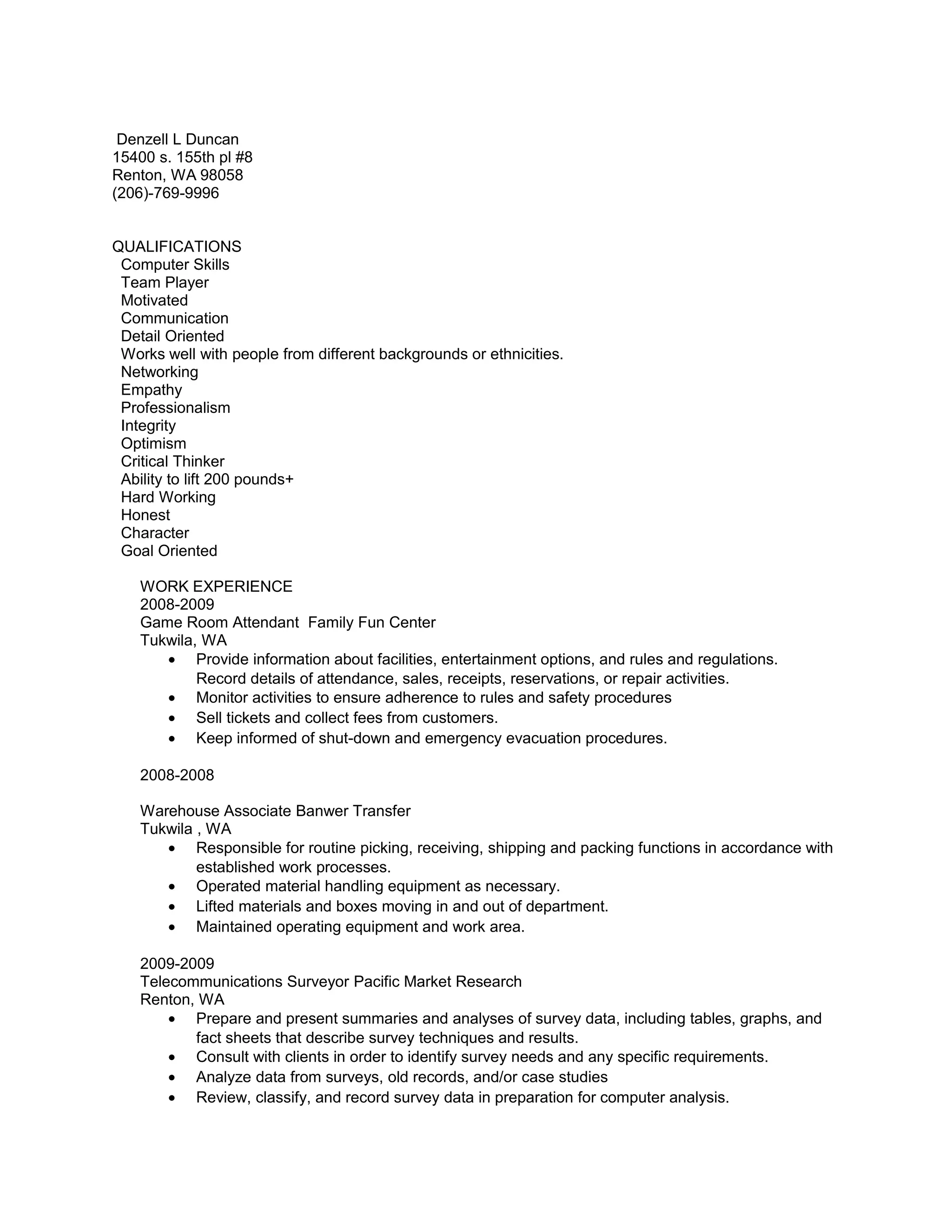 Denzell L Duncan Resume | PDF