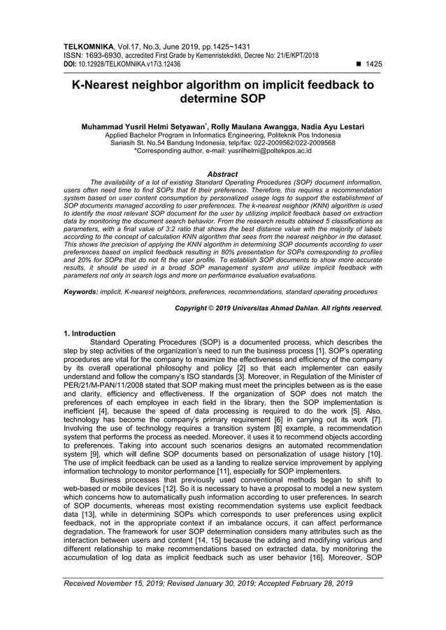 K Nearest Neighbor Algorithm On Implicit Feedback To Determine Sop