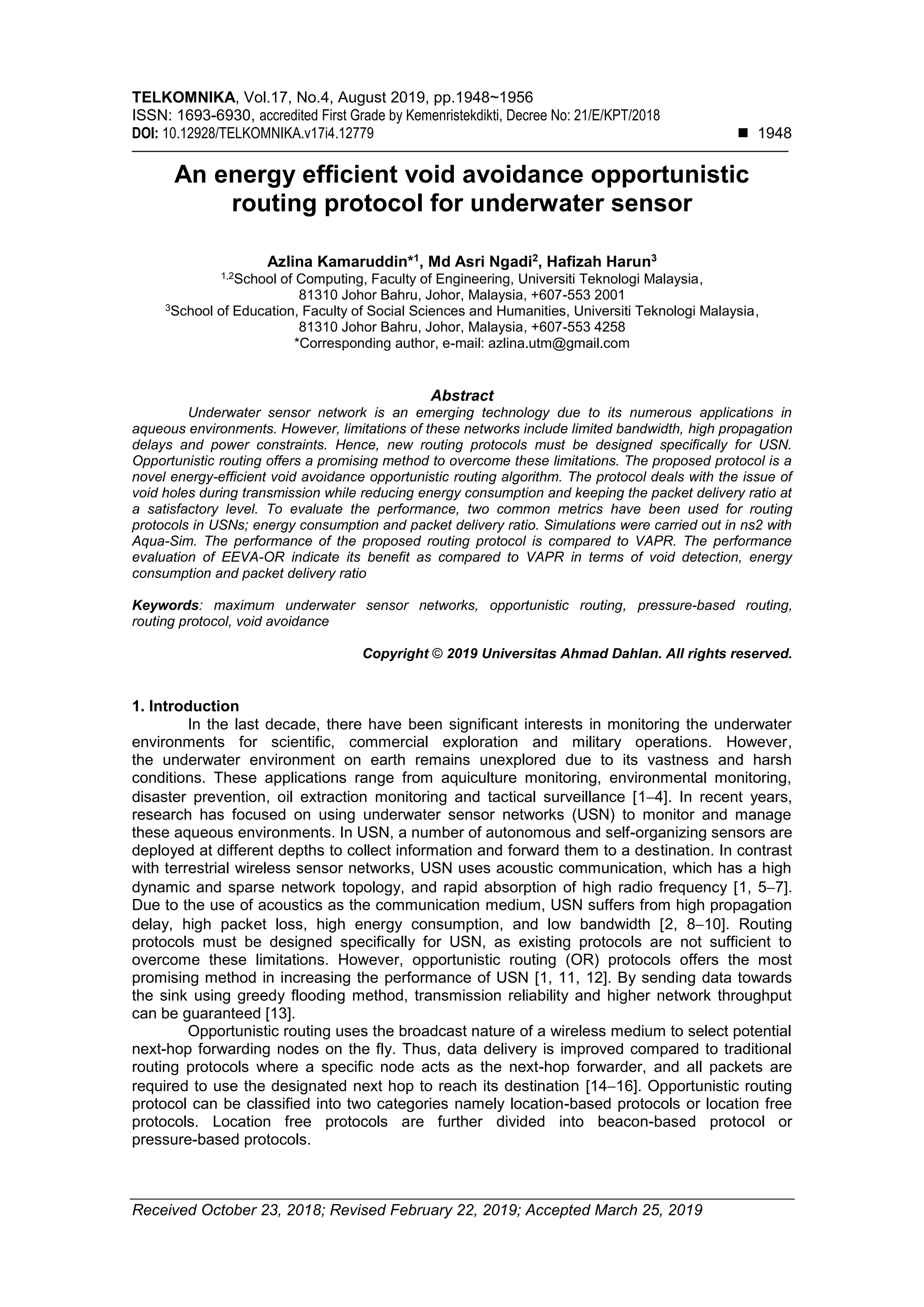 An energy efficient void avoidance opportunistic routing protocol for underwater sensor | PDF ...