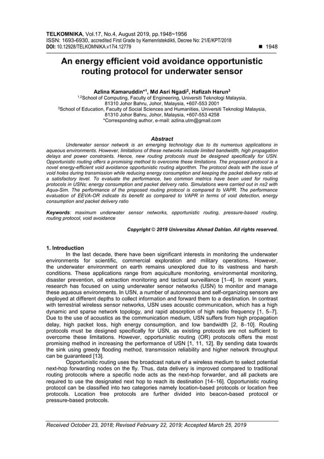 An Energy Efficient Void Avoidance Opportunistic Routing Protocol For Underwater Sensor Pdf