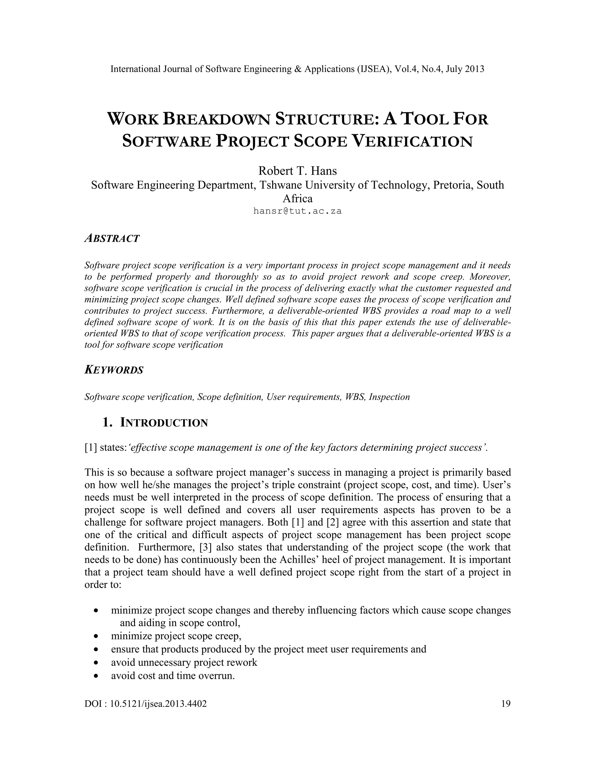 WORK BREAKDOWN STRUCTURE: A TOOL FOR SOFTWARE PROJECT SCOPE ...