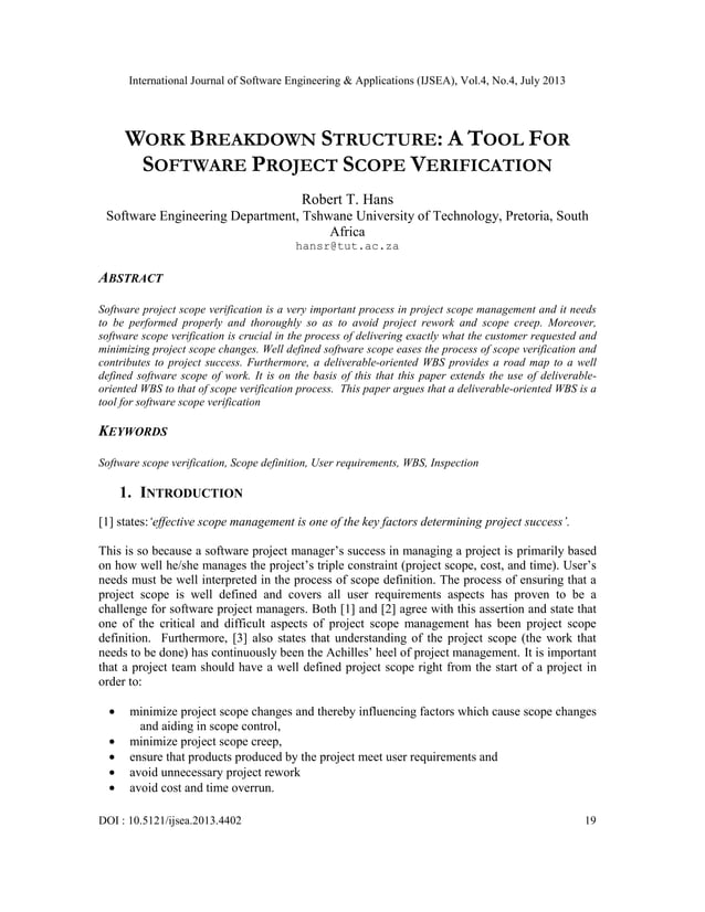 WORK BREAKDOWN STRUCTURE: A TOOL FOR SOFTWARE PROJECT SCOPE ...