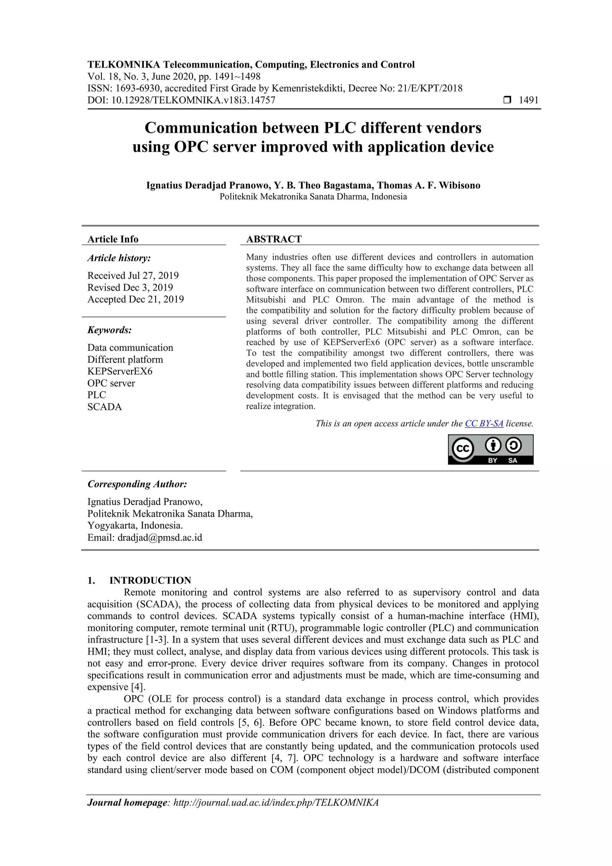 Communication between PLC different vendors using OPC server improved with application device | PDF