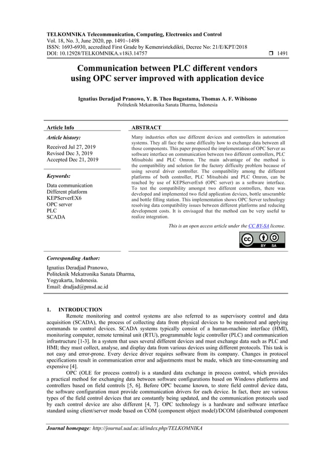 Communication between PLC different vendors using OPC server improved with application device | PDF