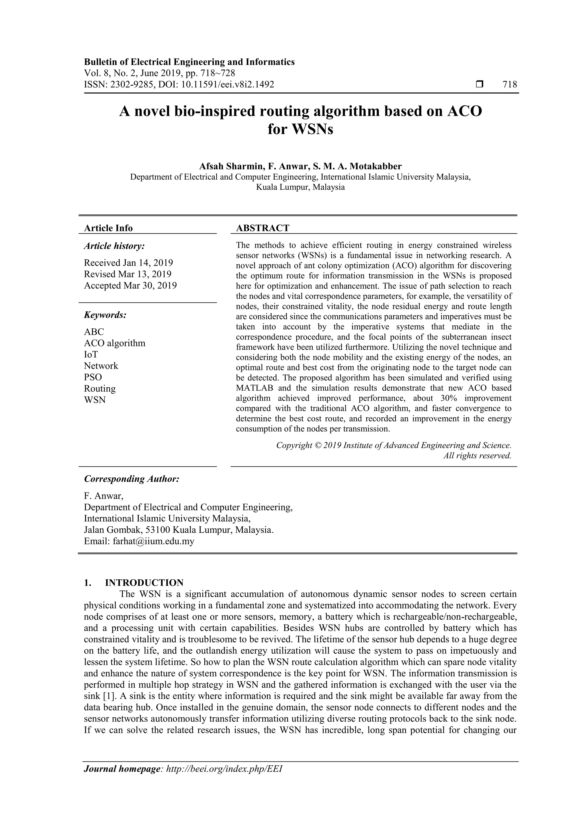 A novel bio-inspired routing algorithm based on ACO for WSNs | PDF