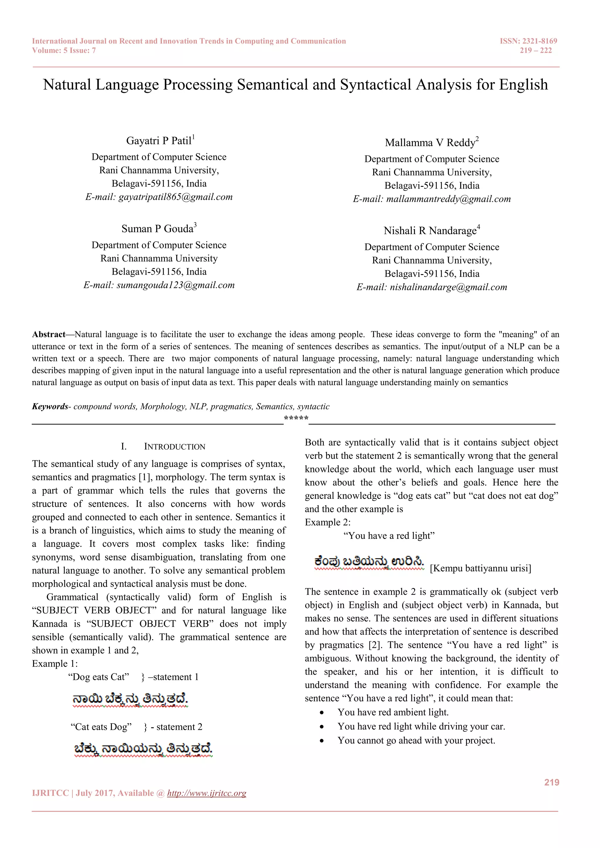 Natural Language Processing Semantical and Syntactical Analysis for ...