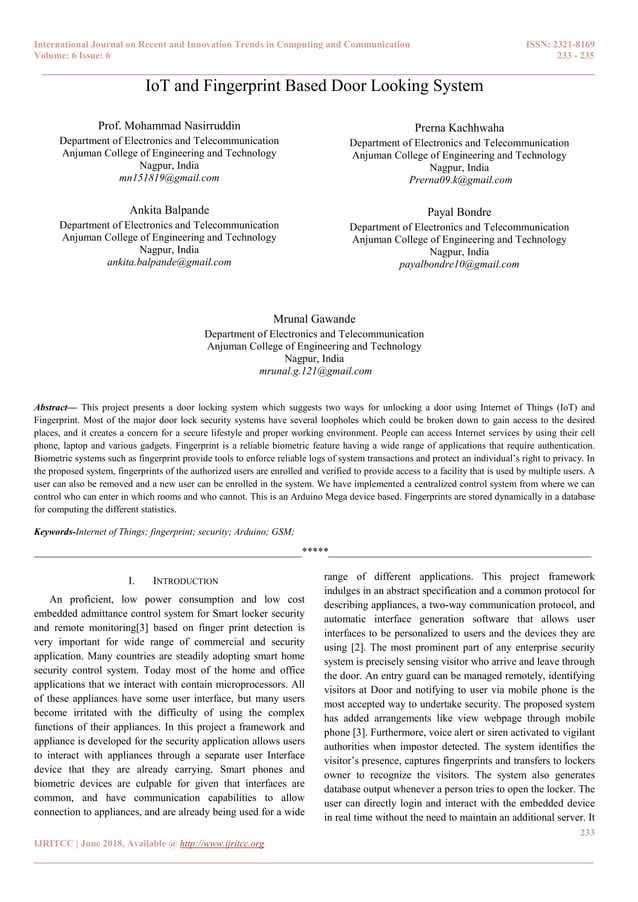 IoT and Fingerprint Based Door Looking System | PDF