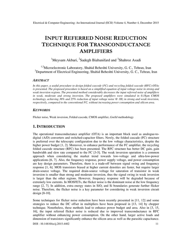 INPUT REFERRED NOISE REDUCTION TECHNIQUE FOR TRANSCONDUCTANCE AMPLIFIERS | PDF