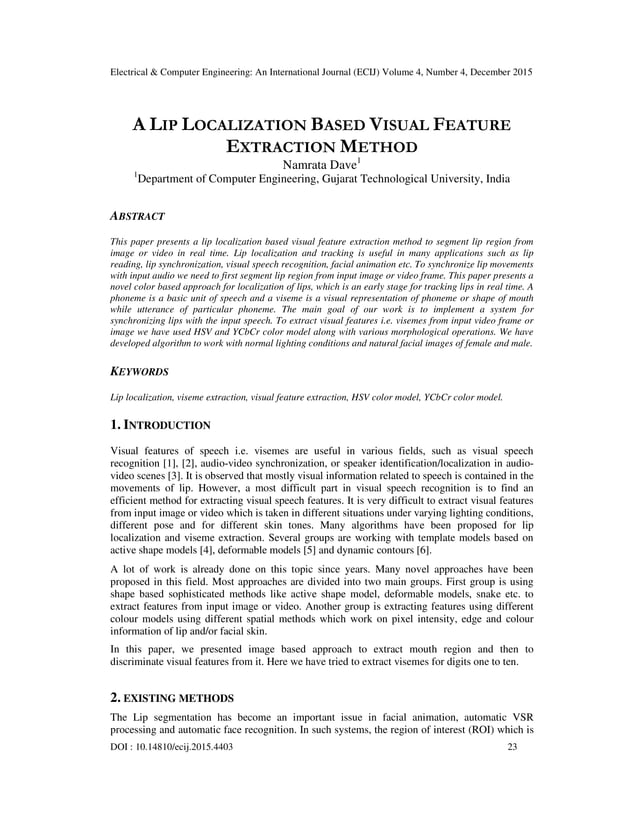 A Lip Localization Based Visual Feature Extraction Method Pdf
