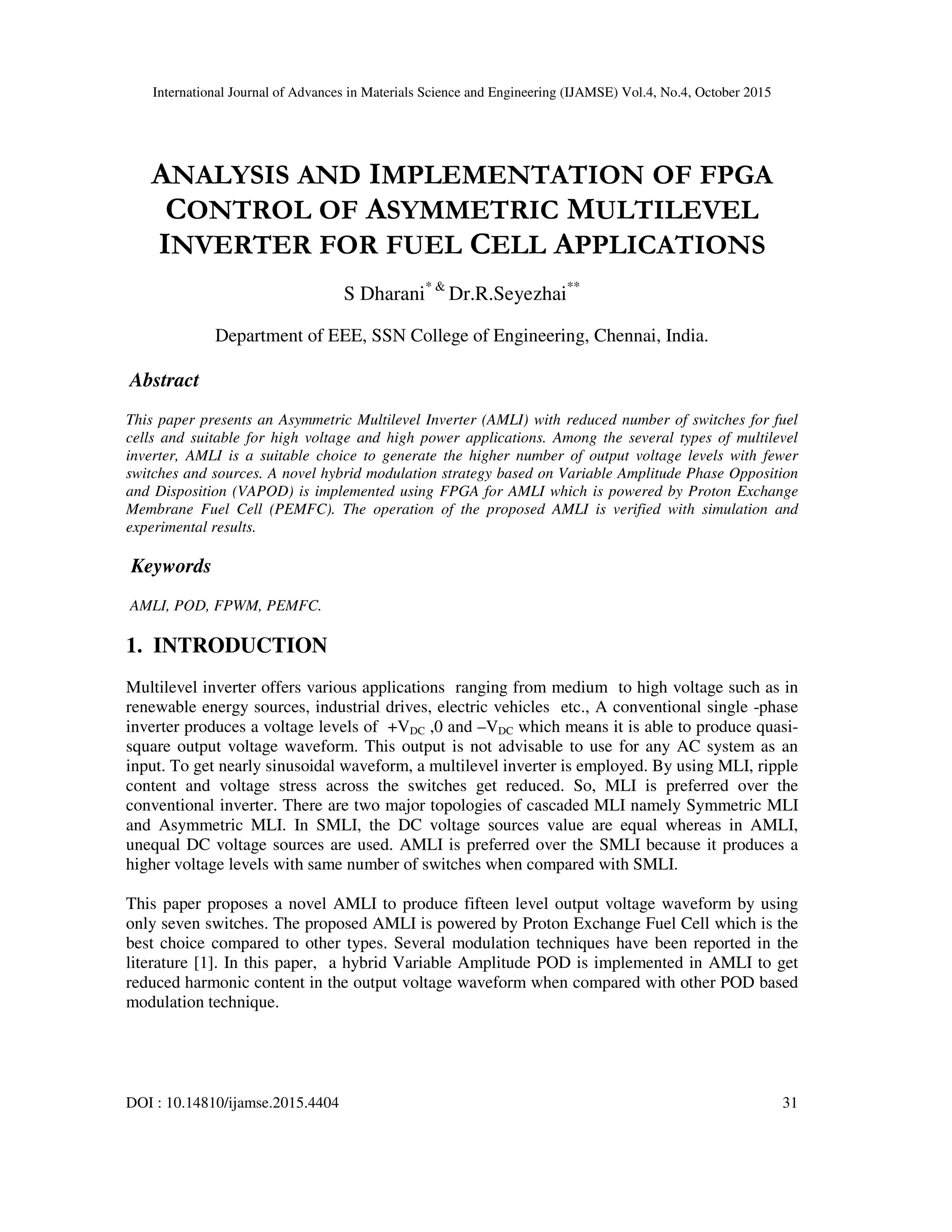 ANALYSIS AND IMPLEMENTATION OF FPGA CONTROL OF ASYMMETRIC MULTILEVEL INVERTER FOR FUEL CELL ...