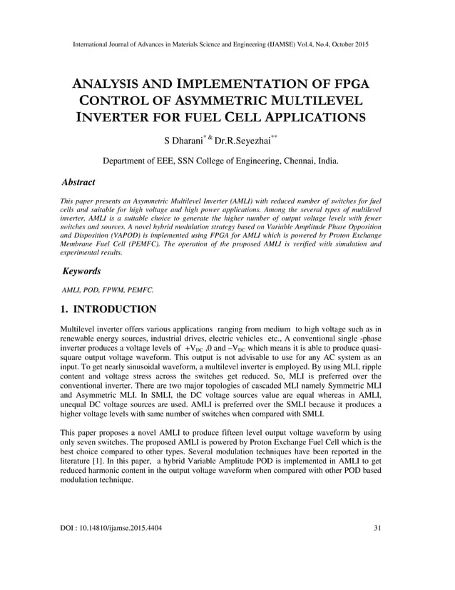 ANALYSIS AND IMPLEMENTATION OF FPGA CONTROL OF ASYMMETRIC MULTILEVEL INVERTER FOR FUEL CELL ...