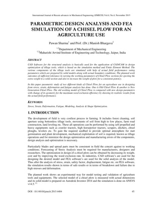PARAMETRIC DESIGN ANALYSIS AND FEA SIMULATION OF A CHISEL PLOW FOR AN AGRICULTURE USE | PDF