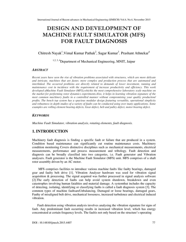 DESIGN AND DEVELOPMENT OF MACHINE FAULT SIMULATOR (MFS) FOR FAULT DIAGNOSIS | PDF