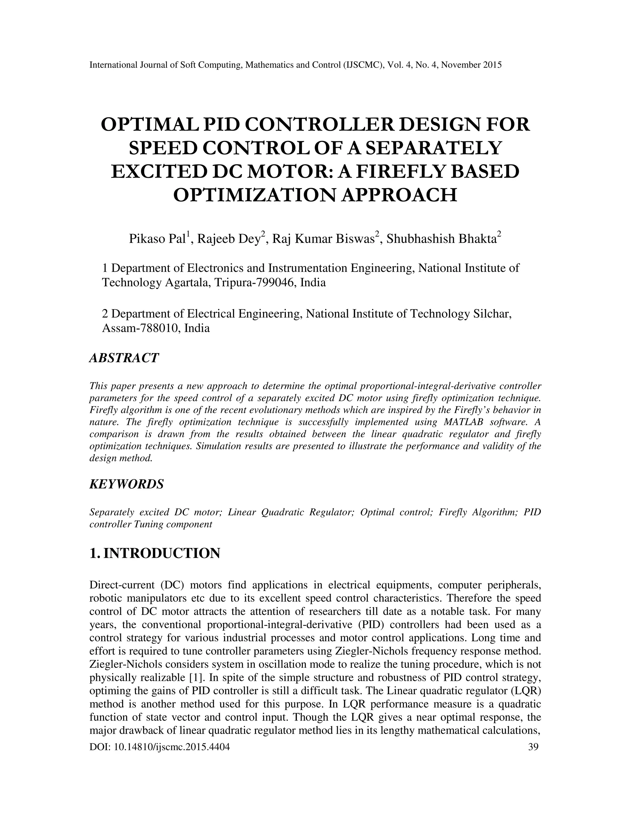 OPTIMAL PID CONTROLLER DESIGN FOR SPEED CONTROL OF A SEPARATELY EXCITED DC MOTOR: A FIREFLY ...