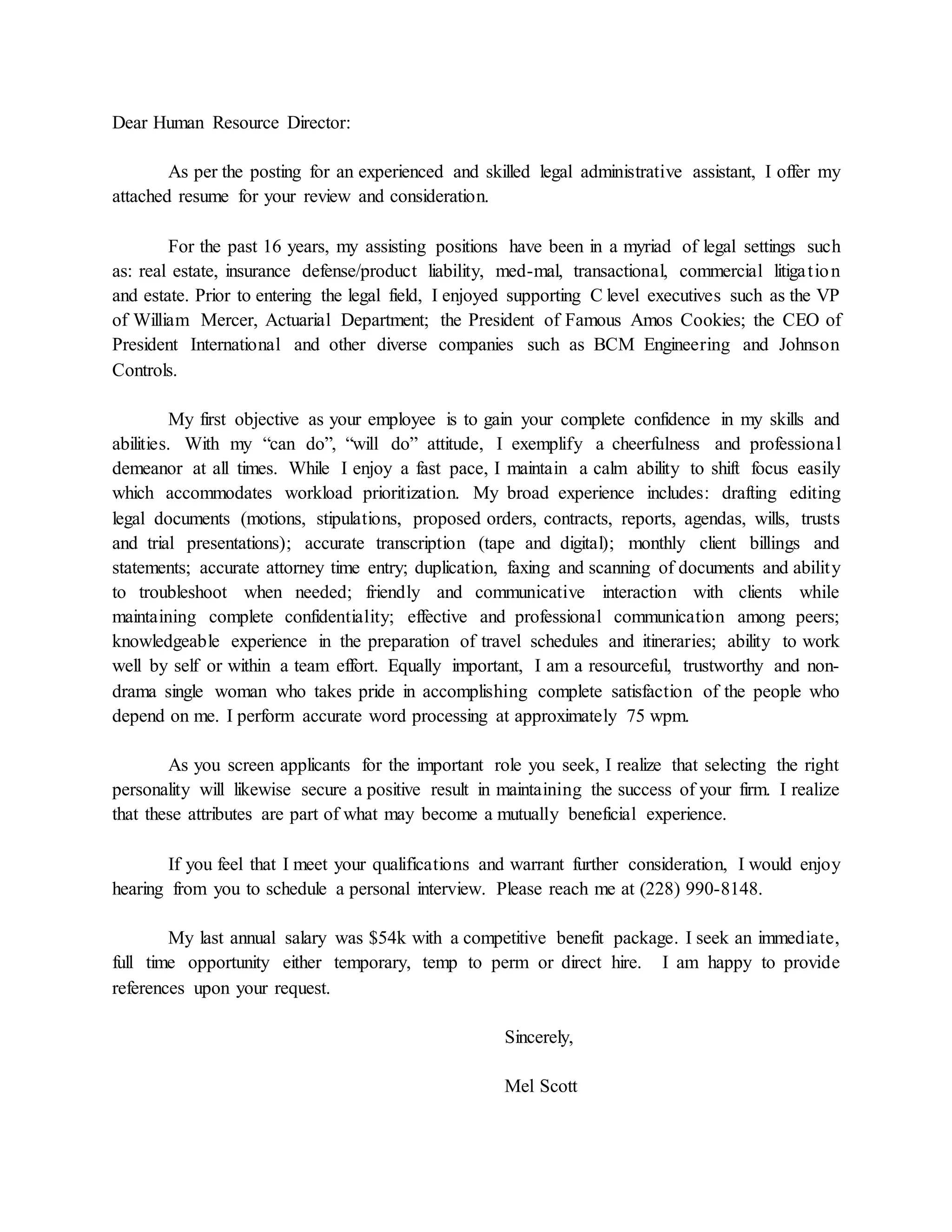 Mel Scott Cover Letter | DOCX | Legal Services Industry | Industries