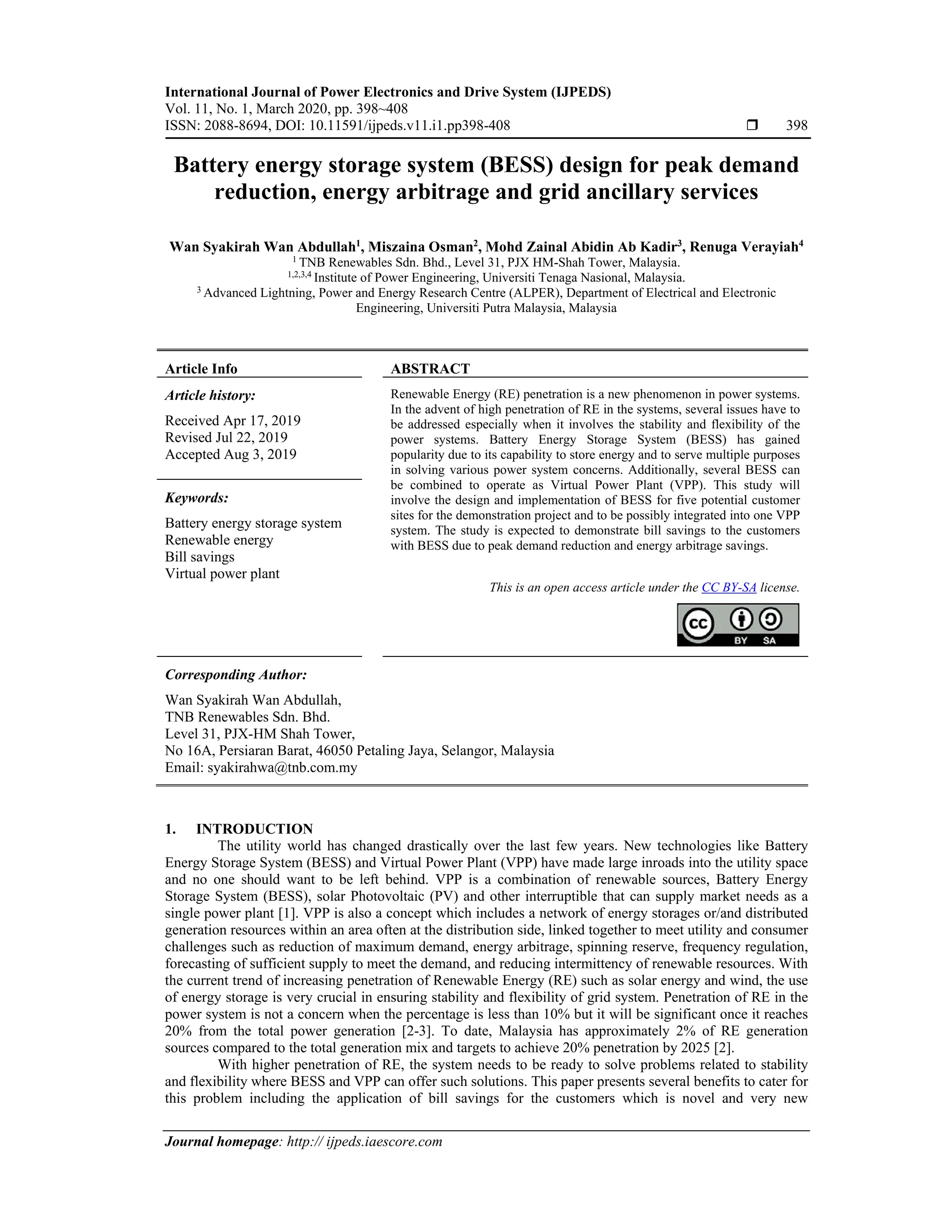 Battery energy storage system (BESS) design for peak demand reduction, energy arbitrage and grid ...