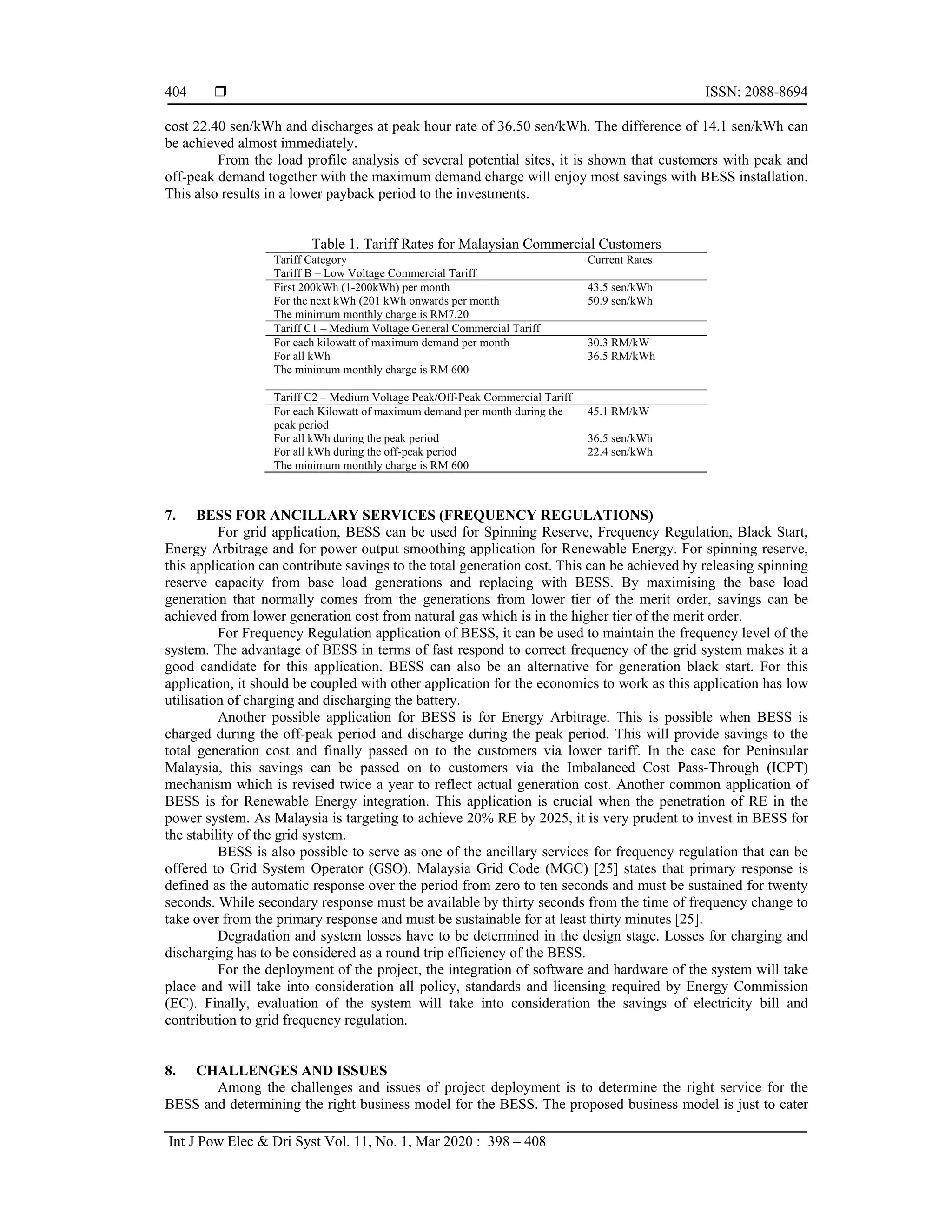 Battery energy storage system (BESS) design for peak demand reduction, energy arbitrage and grid ...