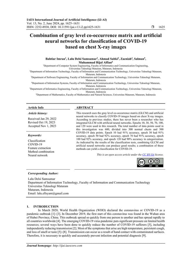 Combination of gray level co-occurrence matrix and artificial neural networks for classification ...
