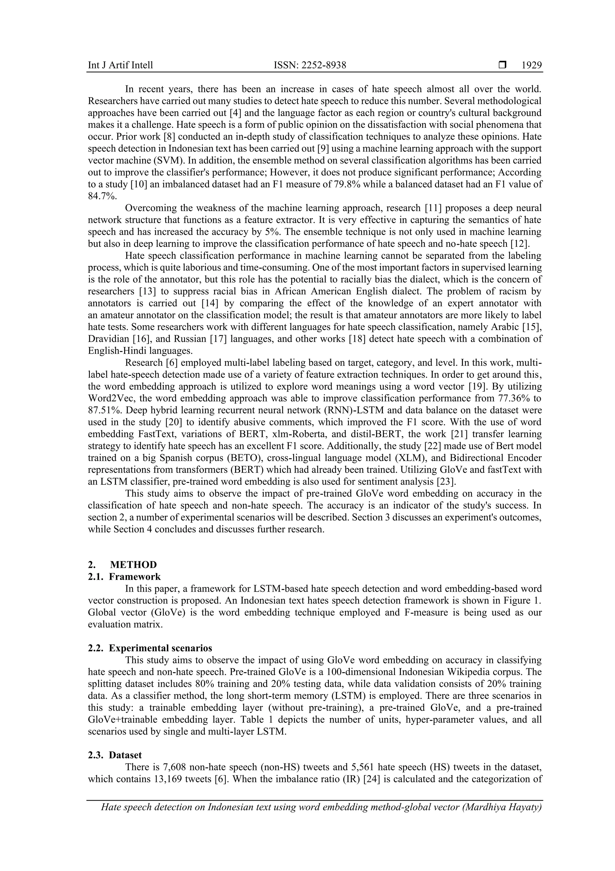 Hate Speech Detection On Indonesian Text Using Word Embedding Method Global Vector Pdf