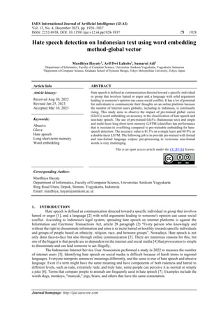 Hate speech detection on Indonesian text using word embedding method-global vector | PDF