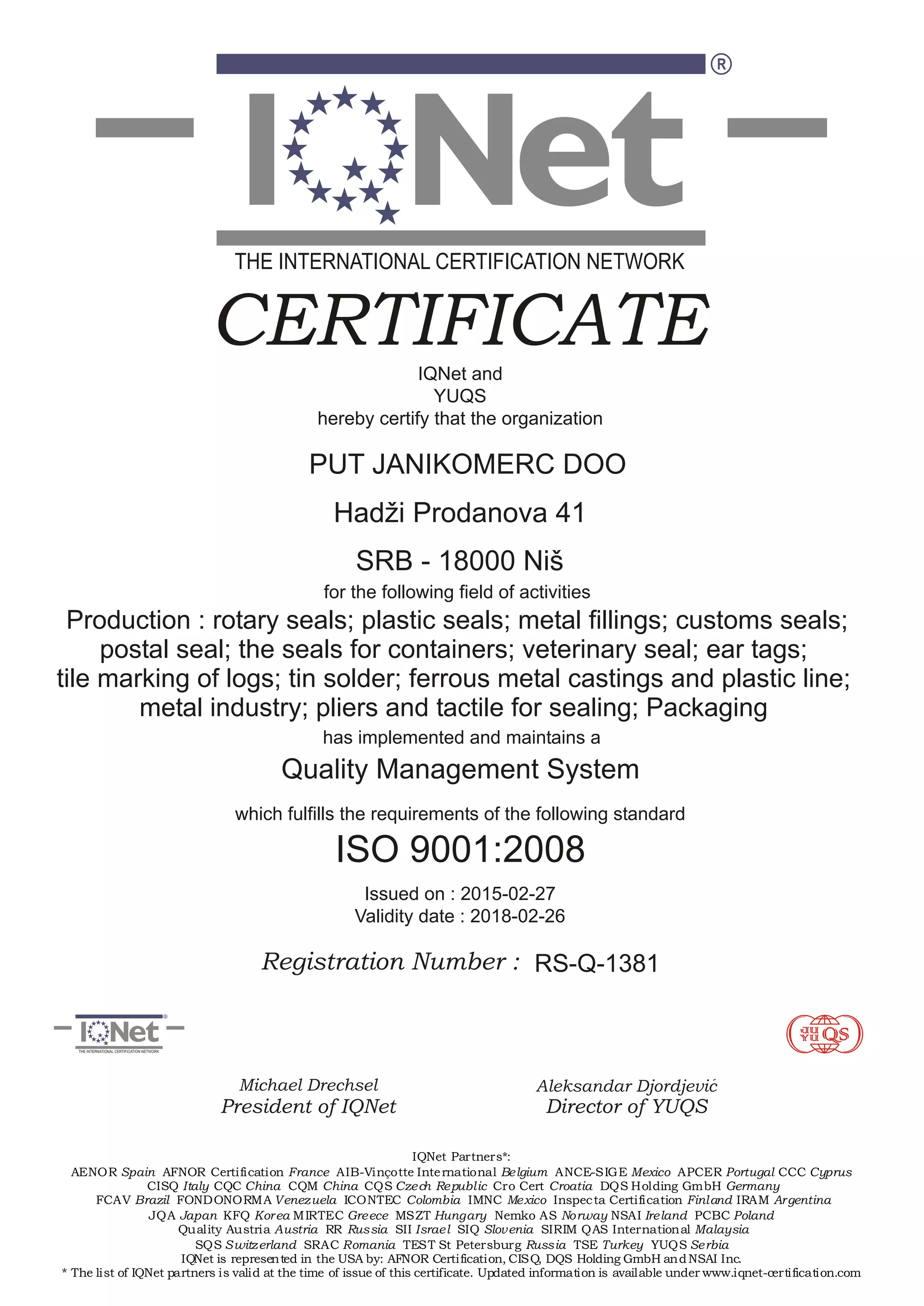 IQNet Sertifikat za ISO 9001 - JANIKOMERC | PDF
