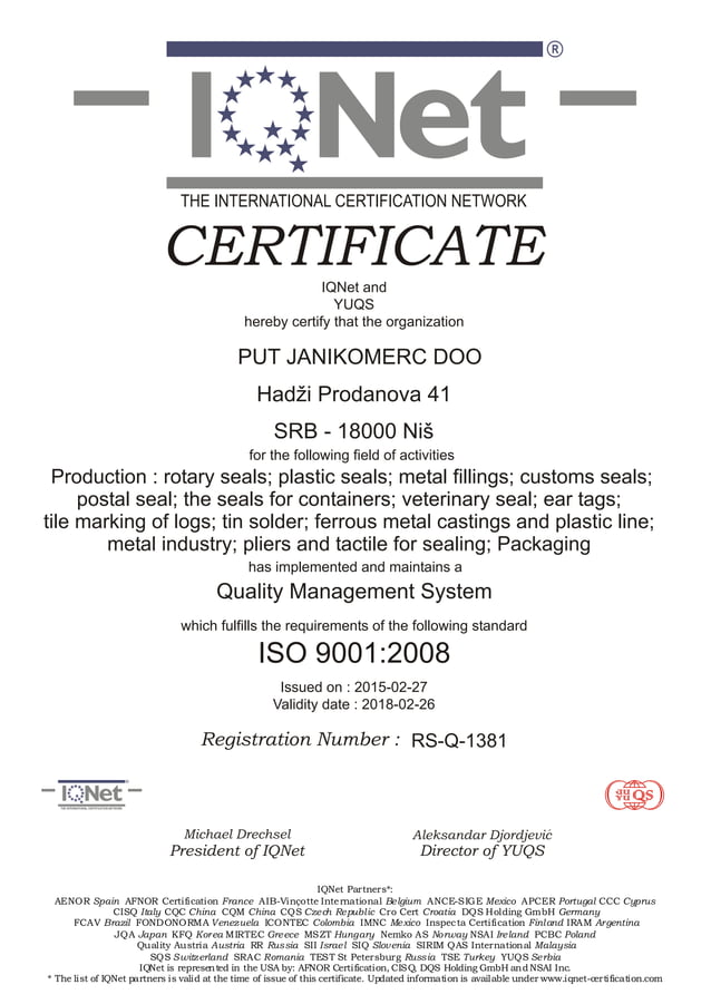 IQNet Sertifikat za ISO 9001 - JANIKOMERC | PDF