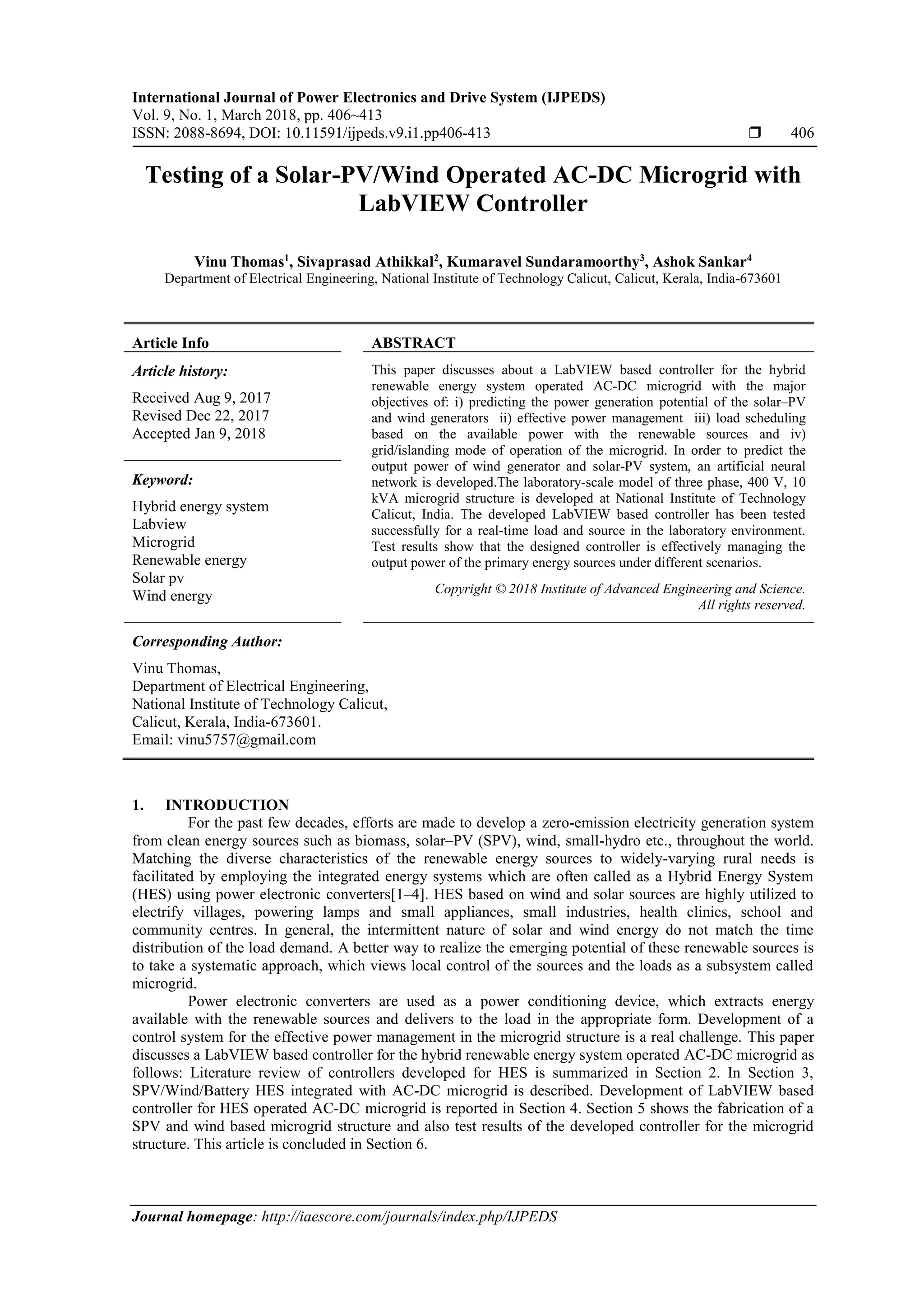 Testing of a Solar-PV/Wind operated AC-DC Microgrid with LabVIEW ...