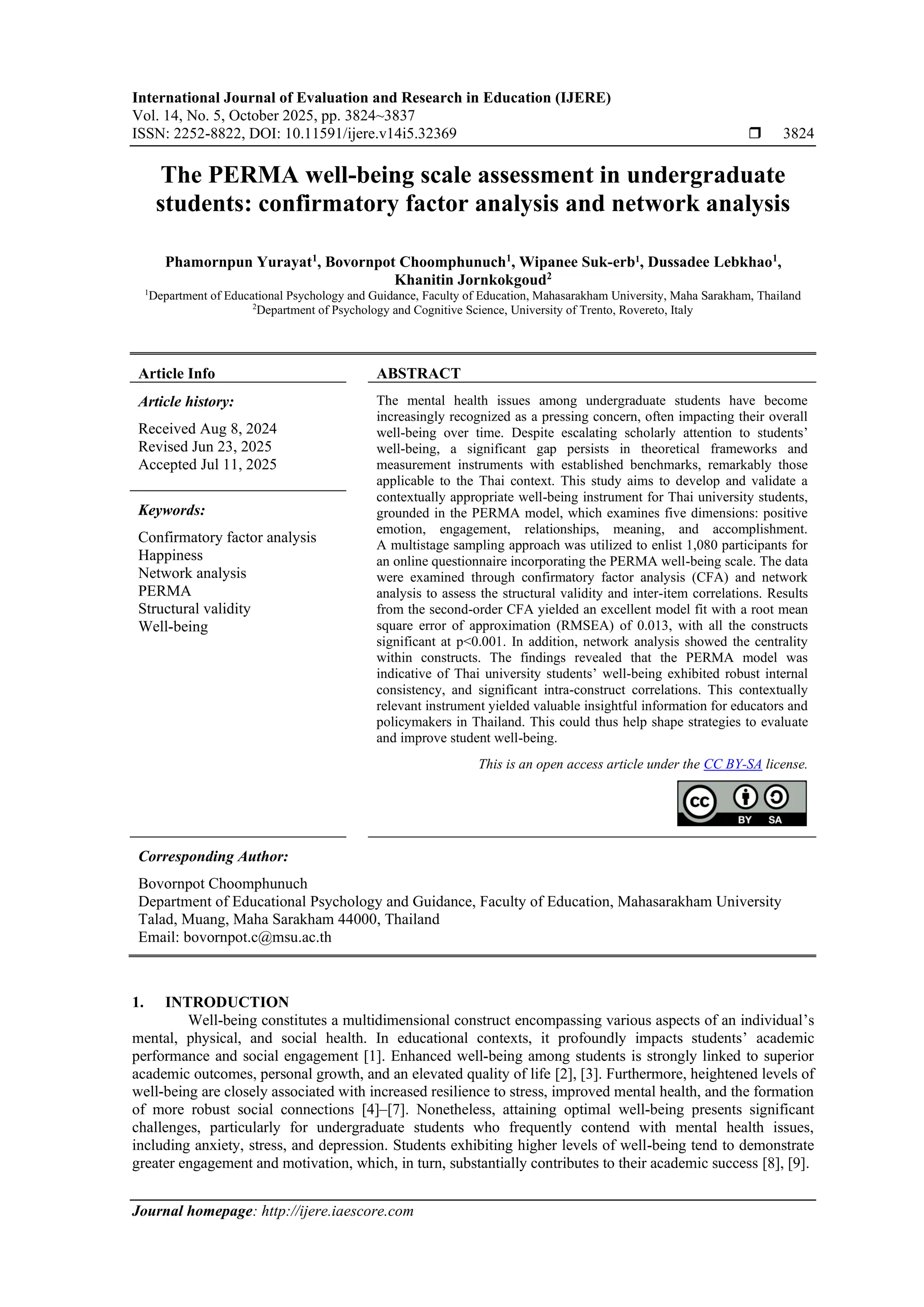 The PERMA well-being scale assessment in undergraduate students ...