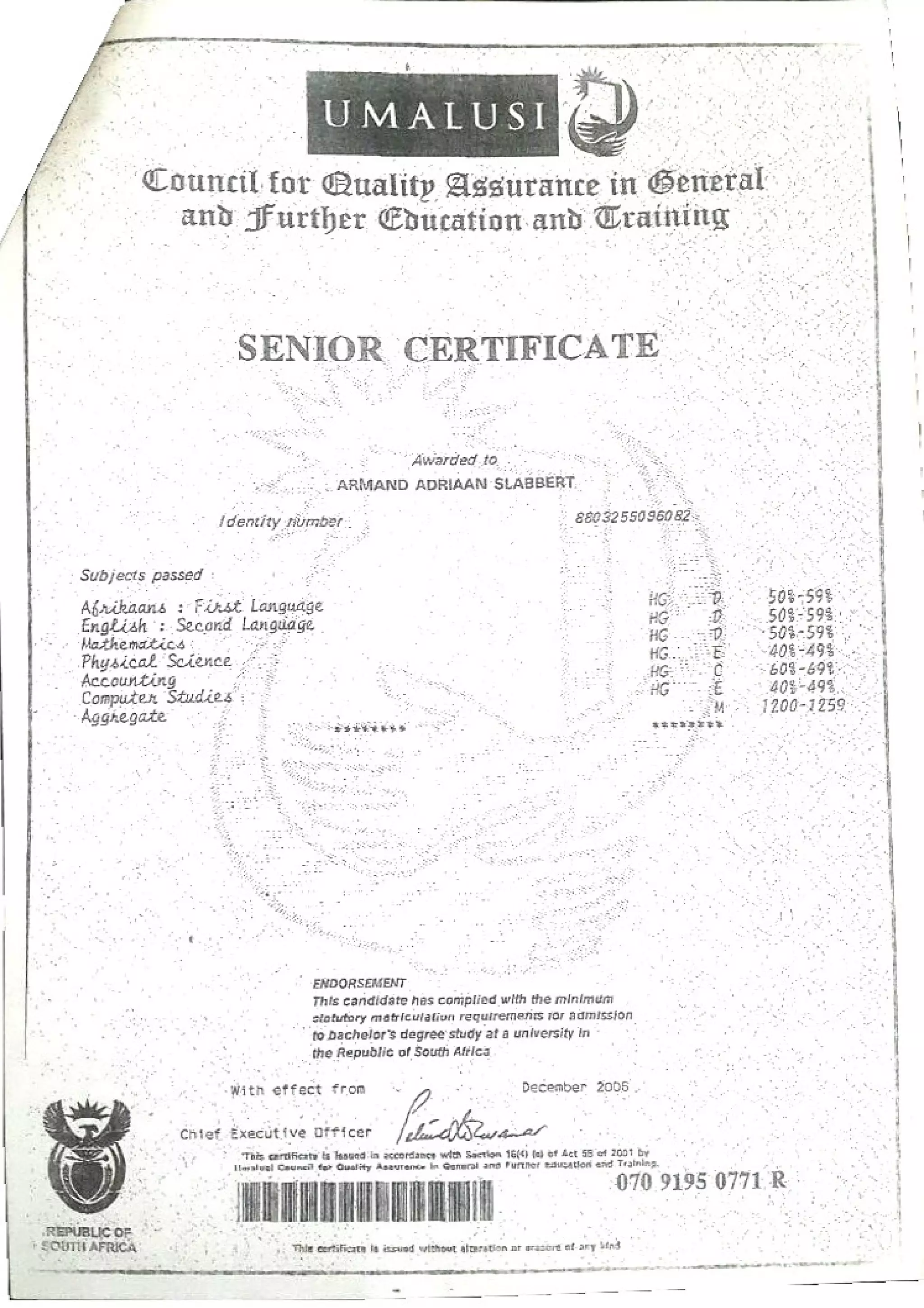 Matric Certificate | PDF