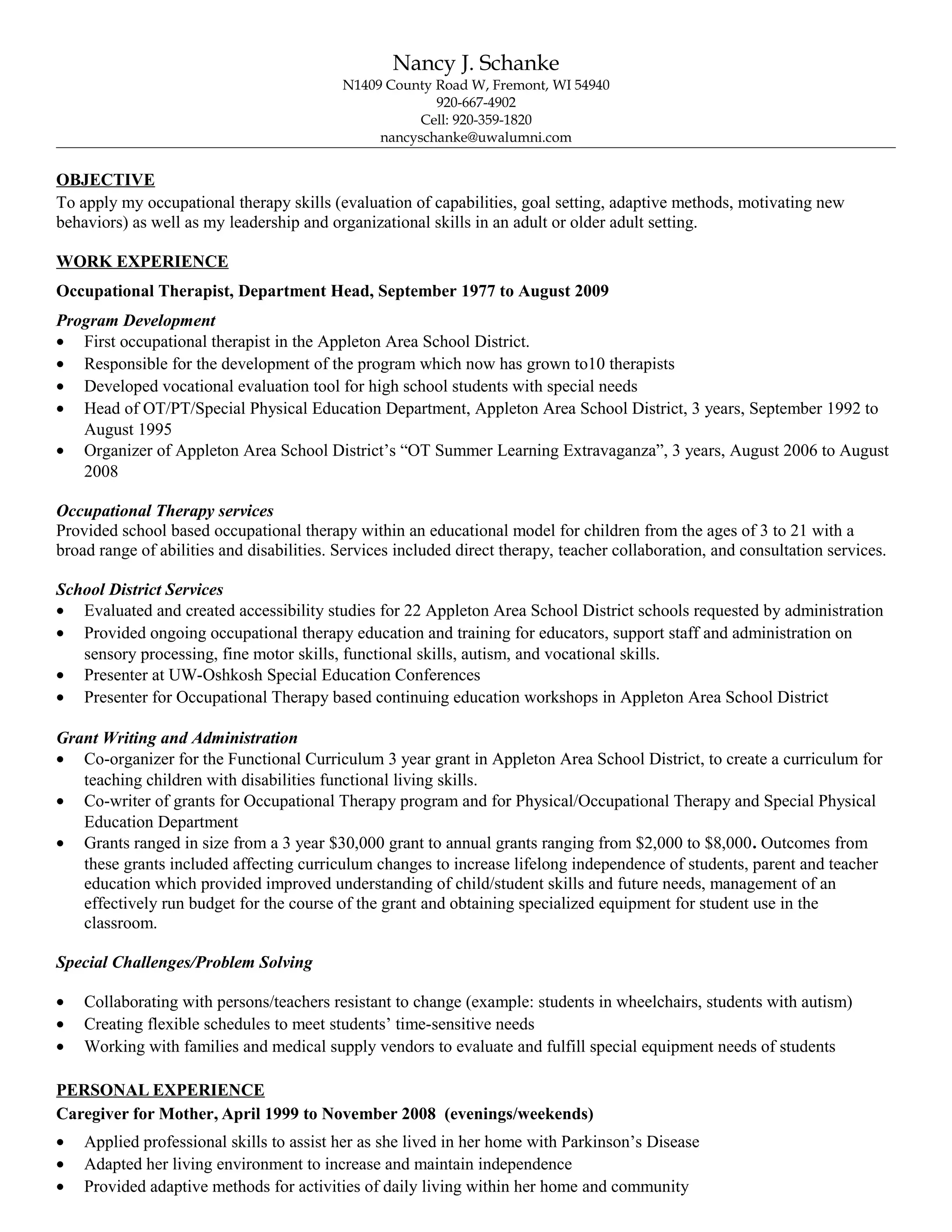 Nancy Schanke resume with faith community info | DOC