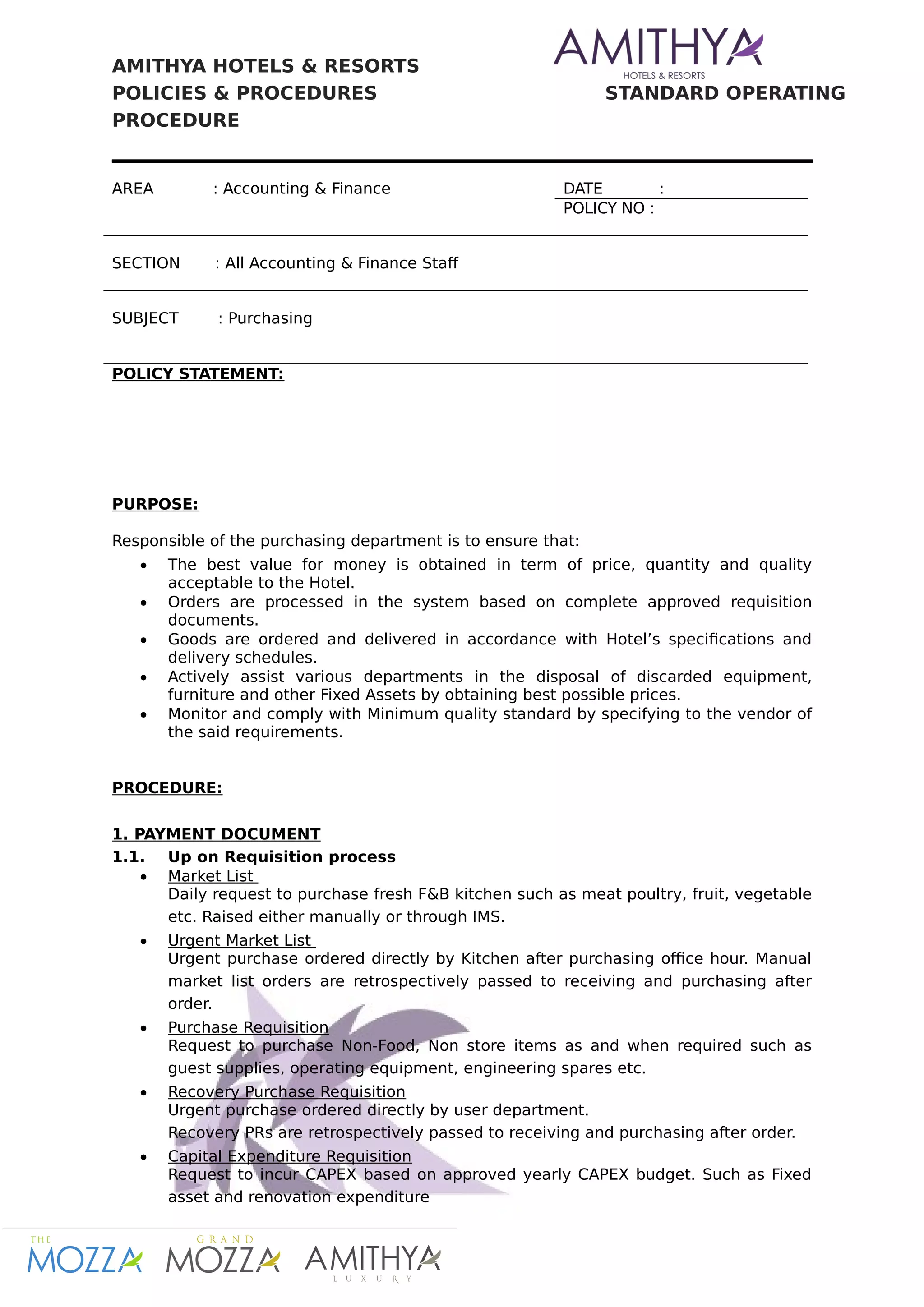 AMITHYA HOTELS & RESORTS POLICIES & PROCEDURES STANDARD OPERATING ...