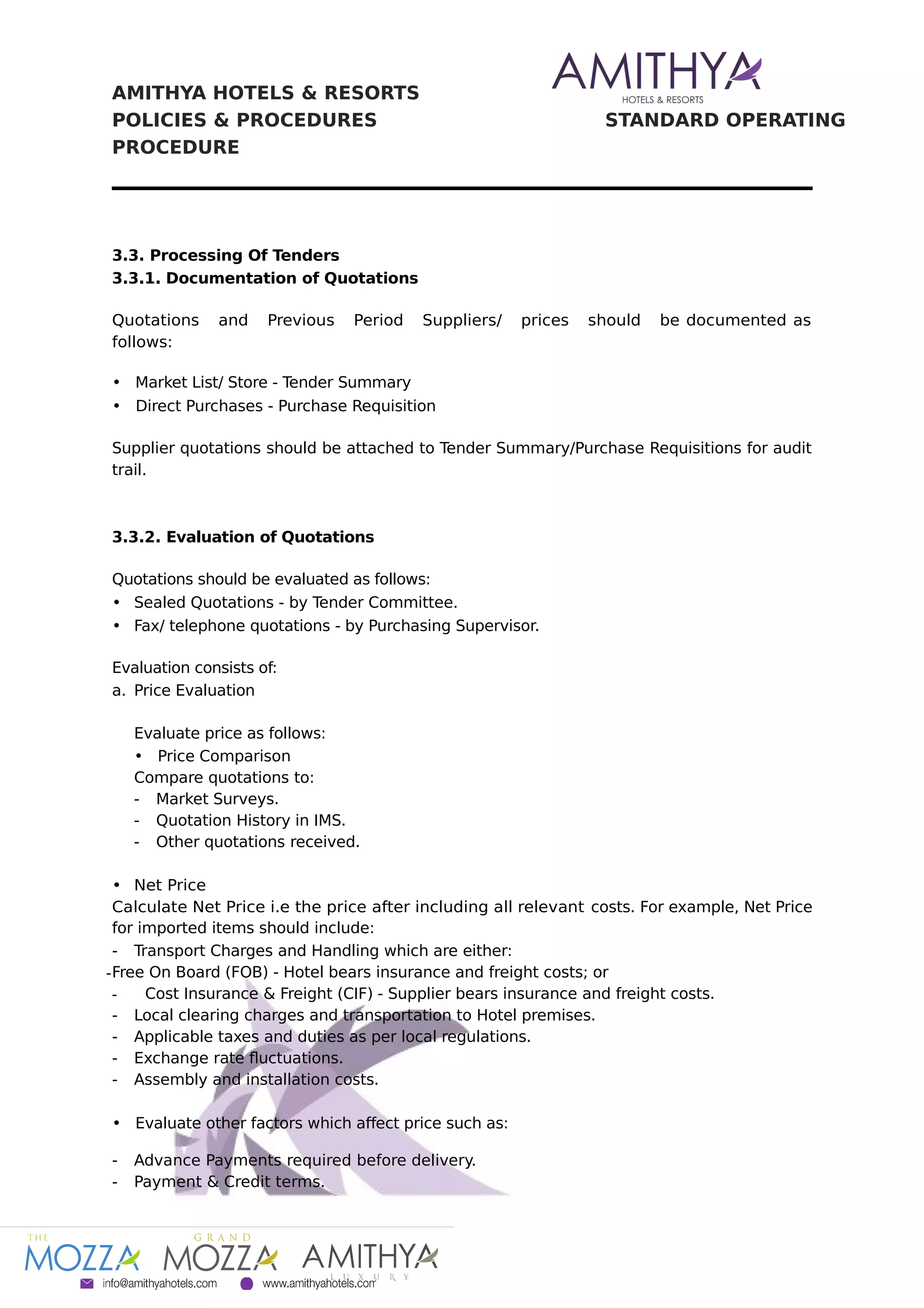 AMITHYA HOTELS & RESORTS POLICIES & PROCEDURES STANDARD OPERATING ...