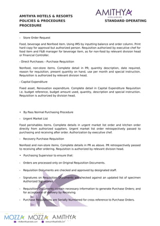 AMITHYA HOTELS & RESORTS POLICIES & PROCEDURES STANDARD OPERATING ...