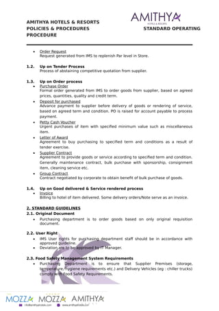 AMITHYA HOTELS & RESORTS POLICIES & PROCEDURES STANDARD OPERATING ...