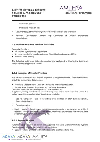 AMITHYA HOTELS & RESORTS POLICIES & PROCEDURES STANDARD OPERATING ...