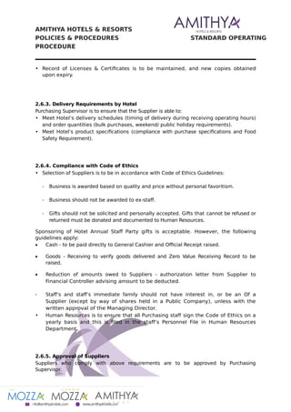 AMITHYA HOTELS & RESORTS POLICIES & PROCEDURES STANDARD OPERATING ...