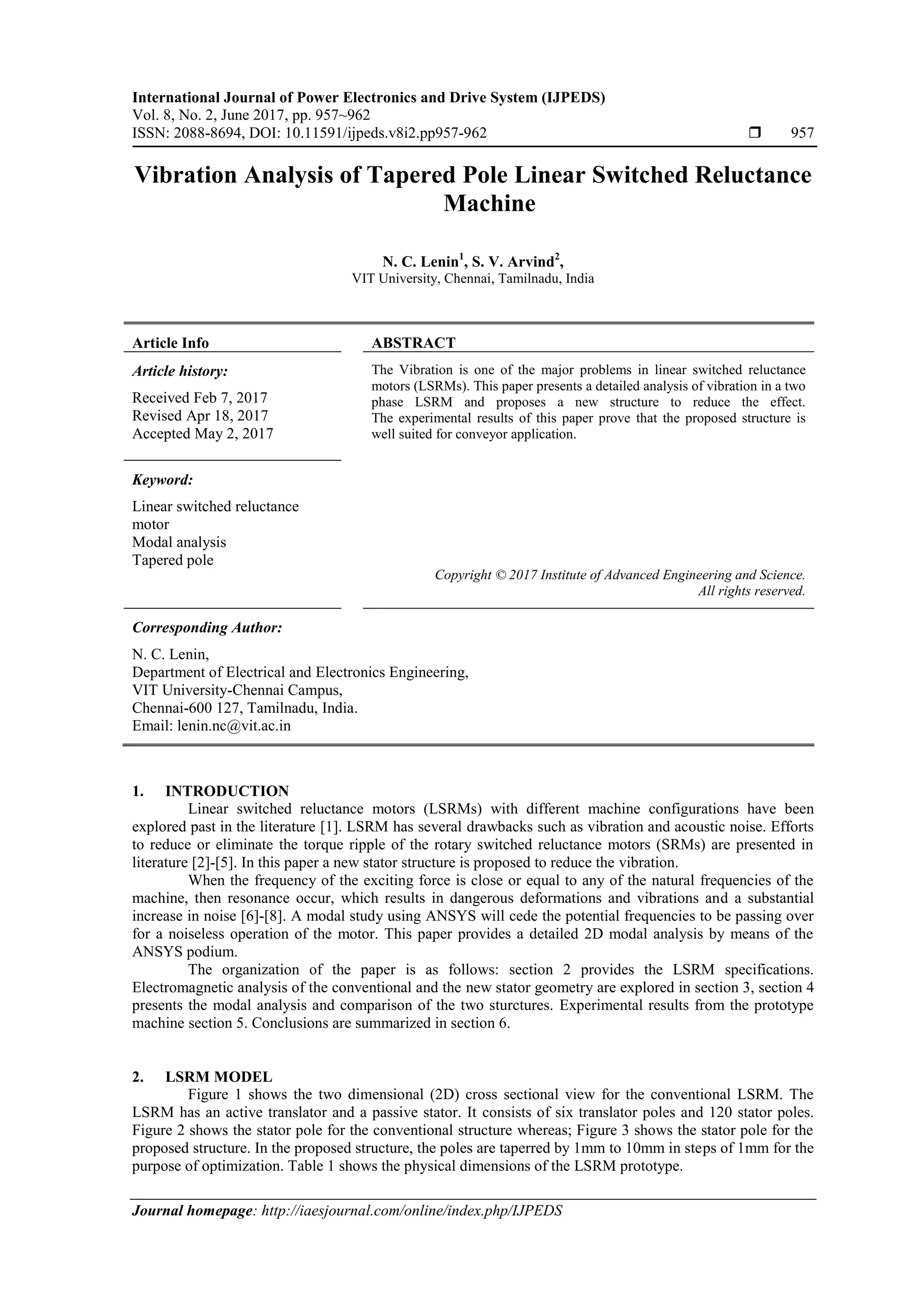 Vibration Analysis of Tapered Pole Linear Switched Reluctance Machine | PDF