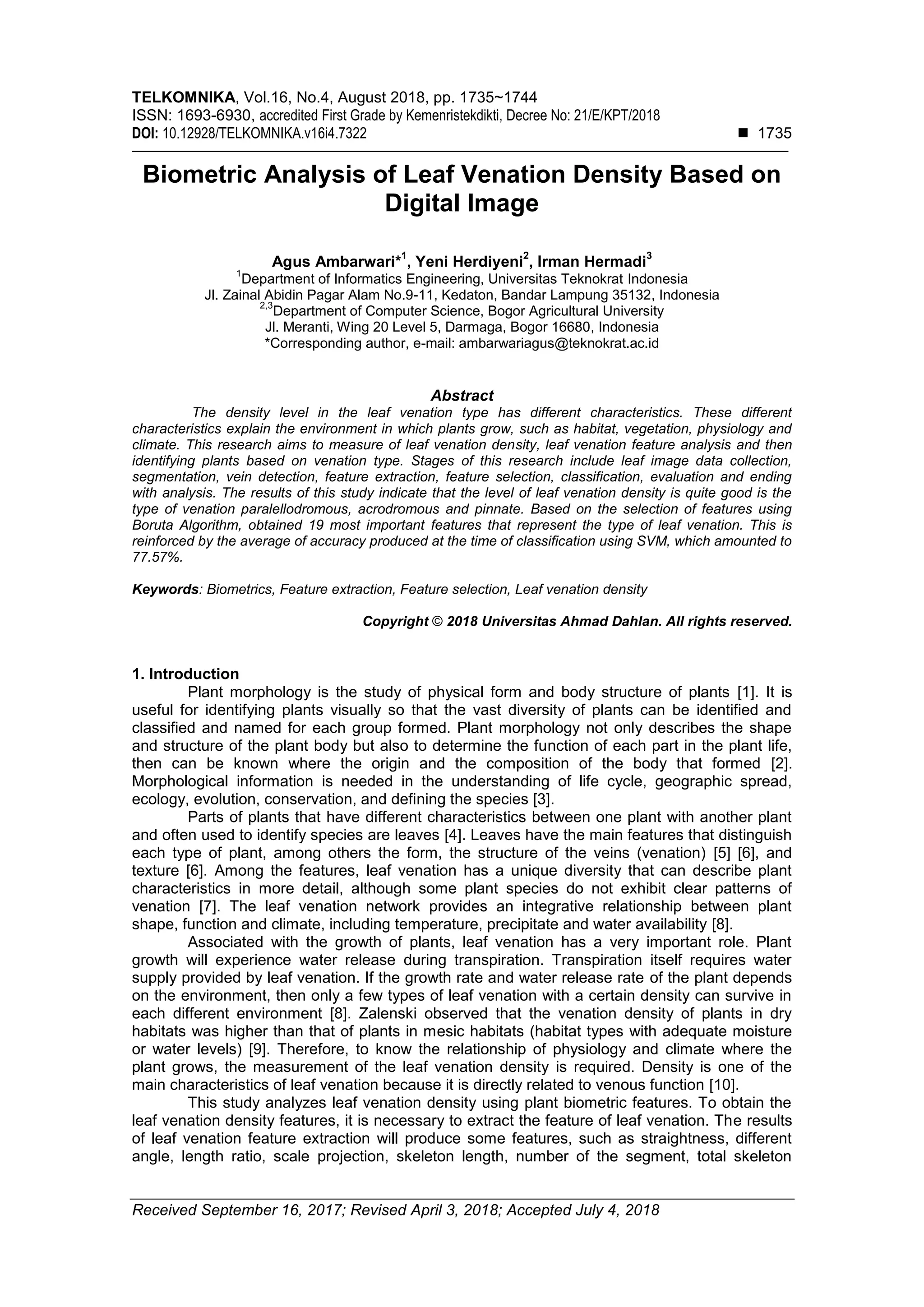 Biometric Analysis of Leaf Venation Density Based on Digital Image | PDF