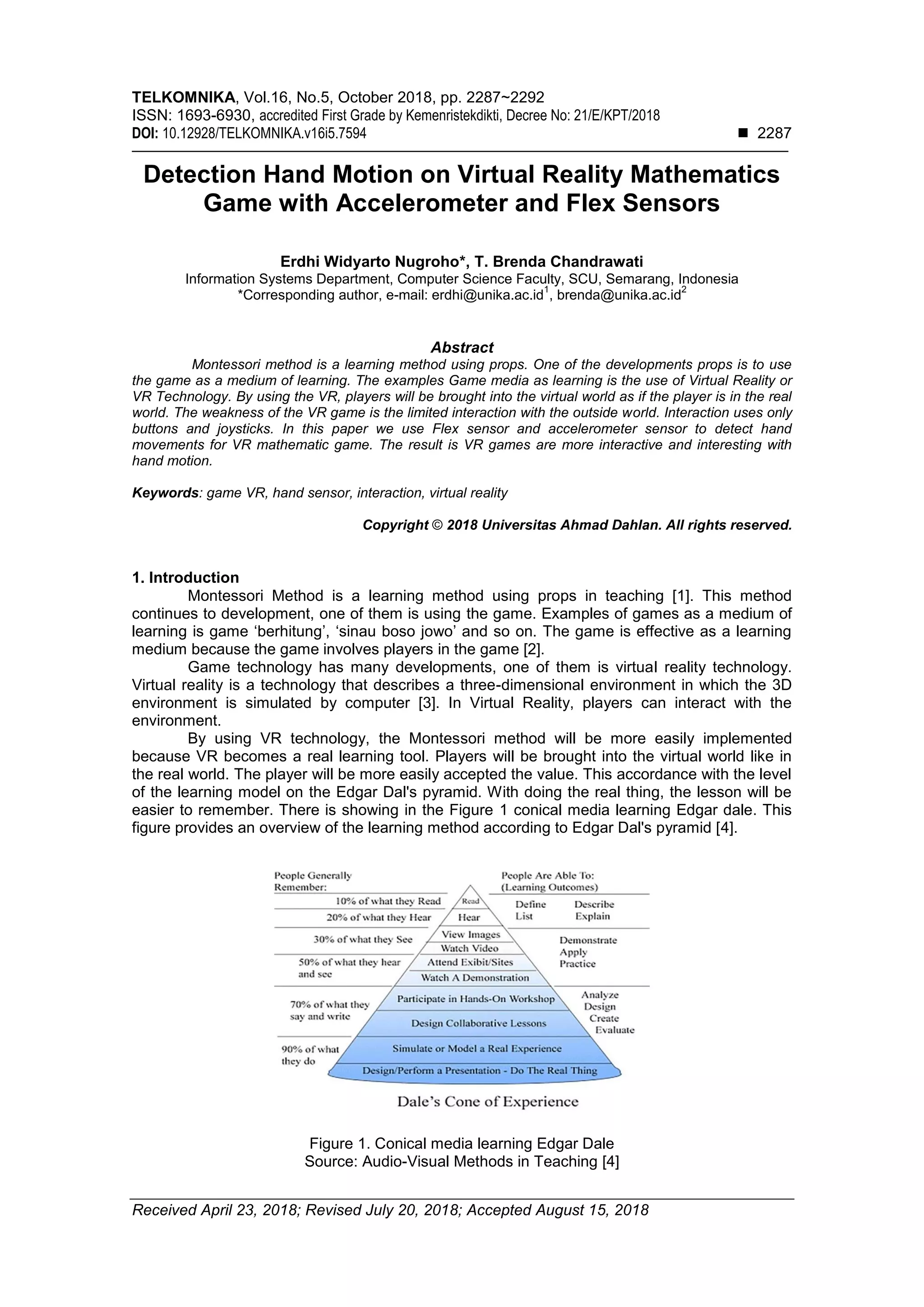 Detection Hand Motion on Virtual Reality Mathematics Game with Accelerometer and Flex Sensors | PDF