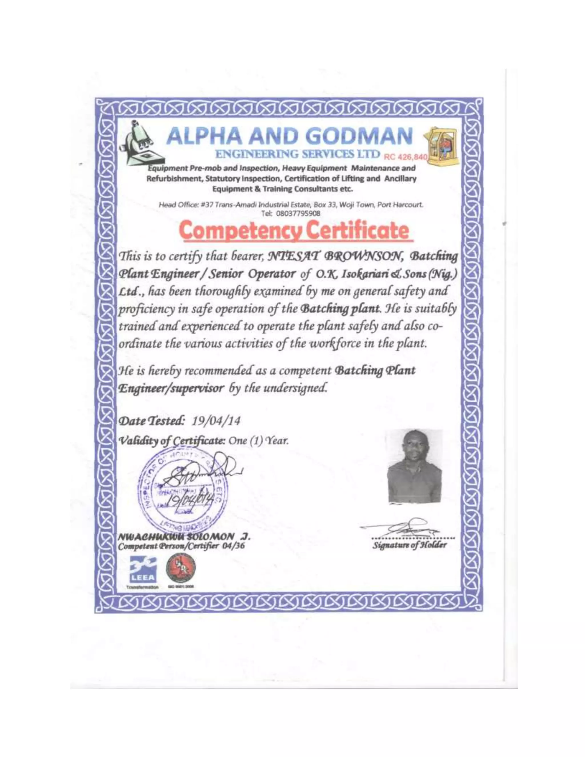 Competence Certificate for Batching Plant Engineer | DOCX