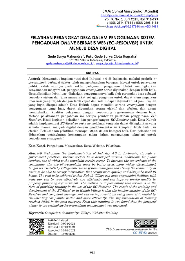 PENGADUAN ONLINE BERBASIS WEB (EC-RESOLVER) UNTUK MENUJU DESA DIGITAL | PDF