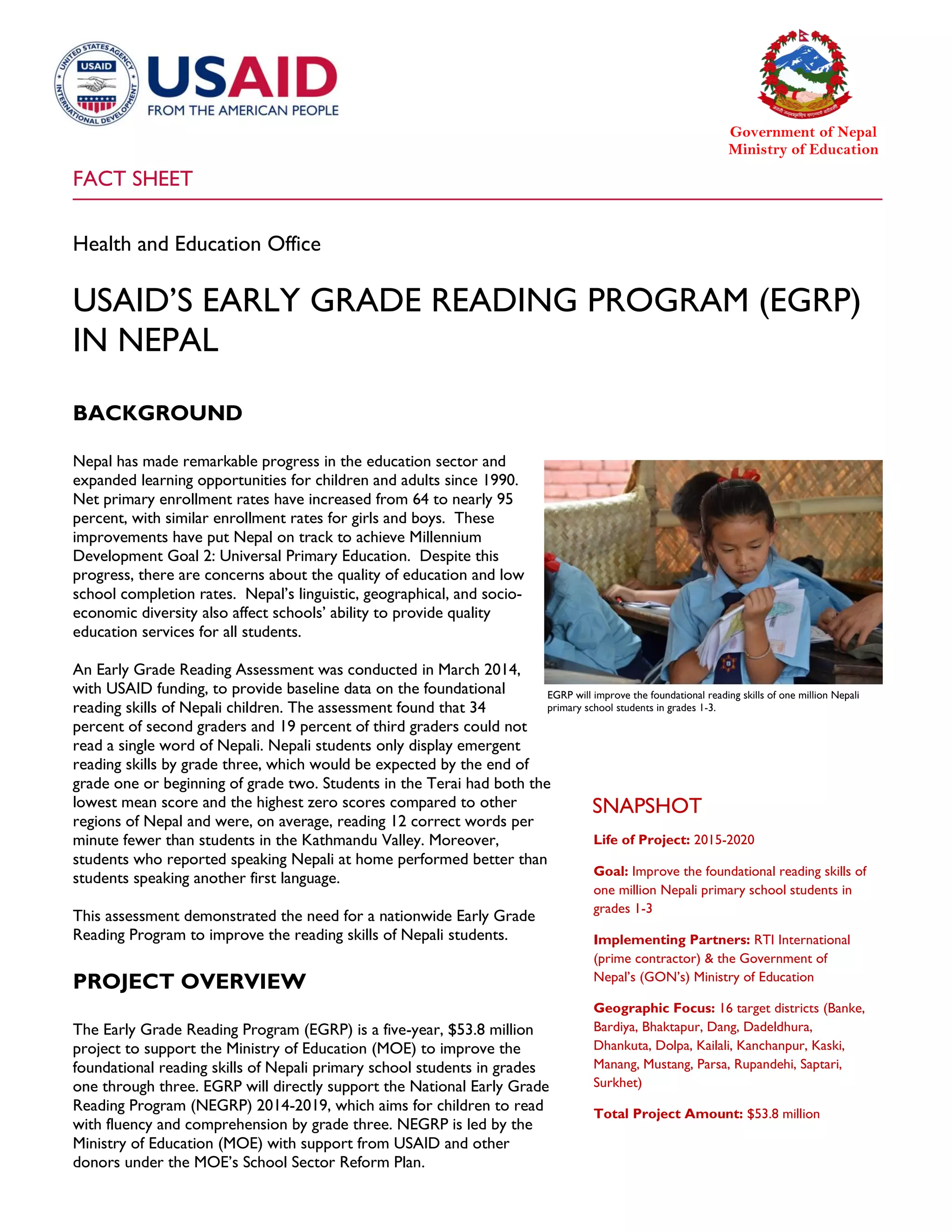 Early Grade Reading fact sheet - 2015 | PDF