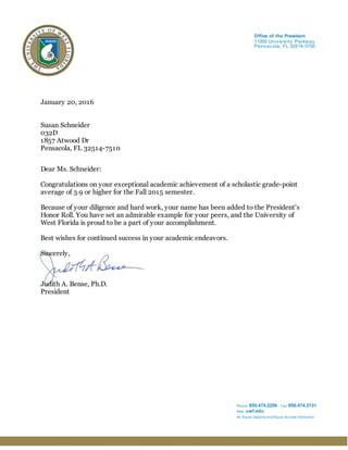 UWF President's Honor Roll Congratulations Letter | PDF