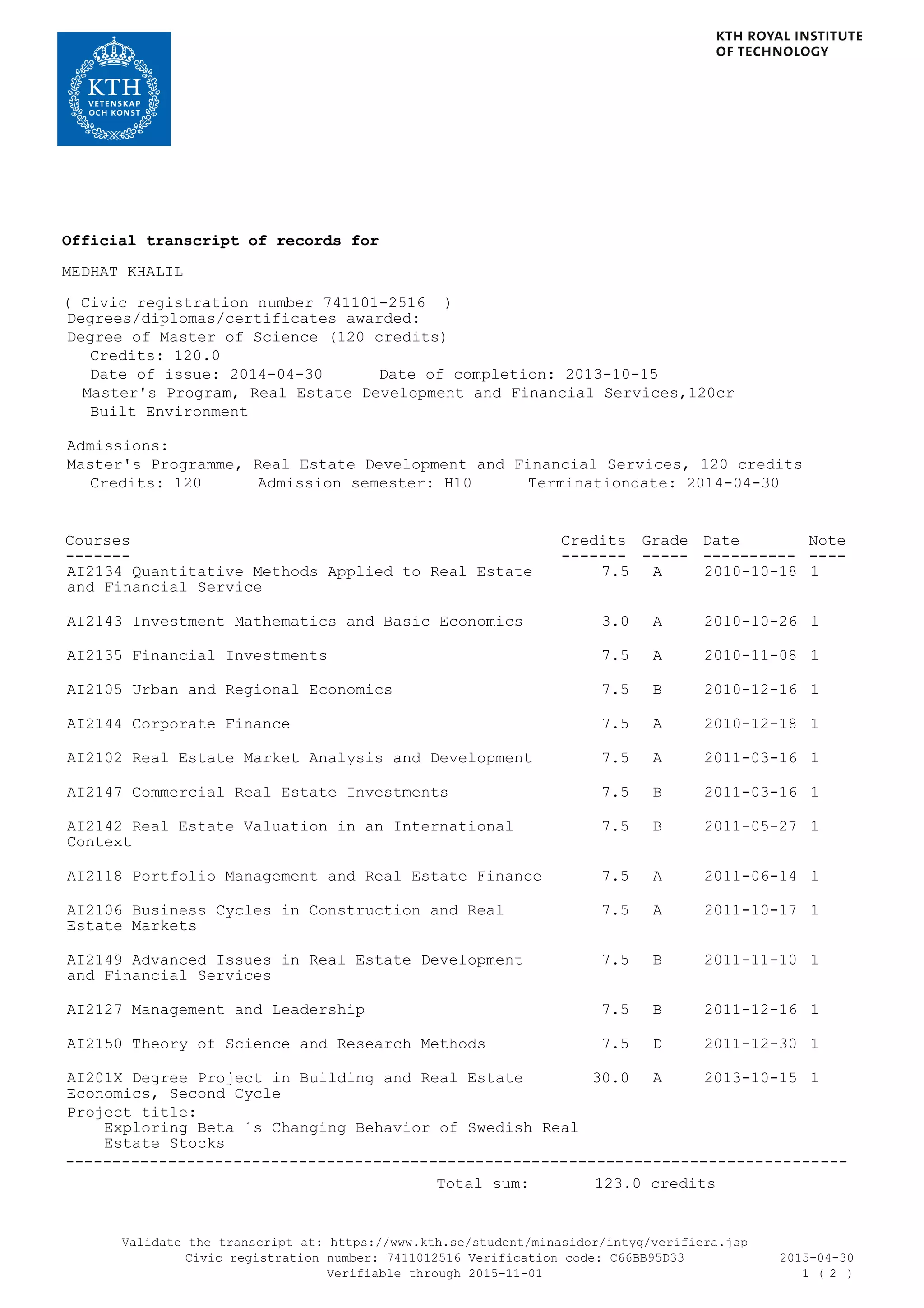Master's Transcript - Medhat Khalil | PDF