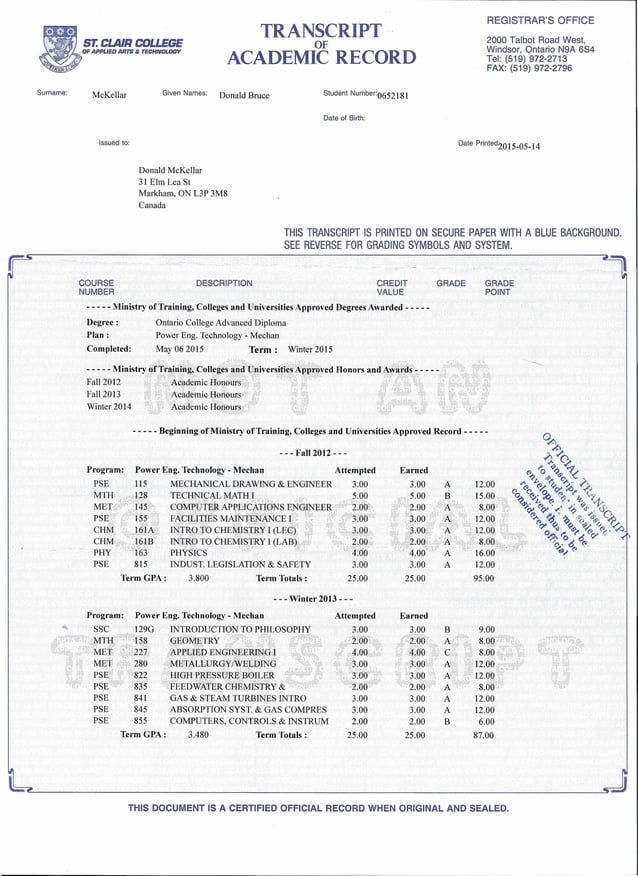St Clair College Marks Power Engineering | PDF | Free Download