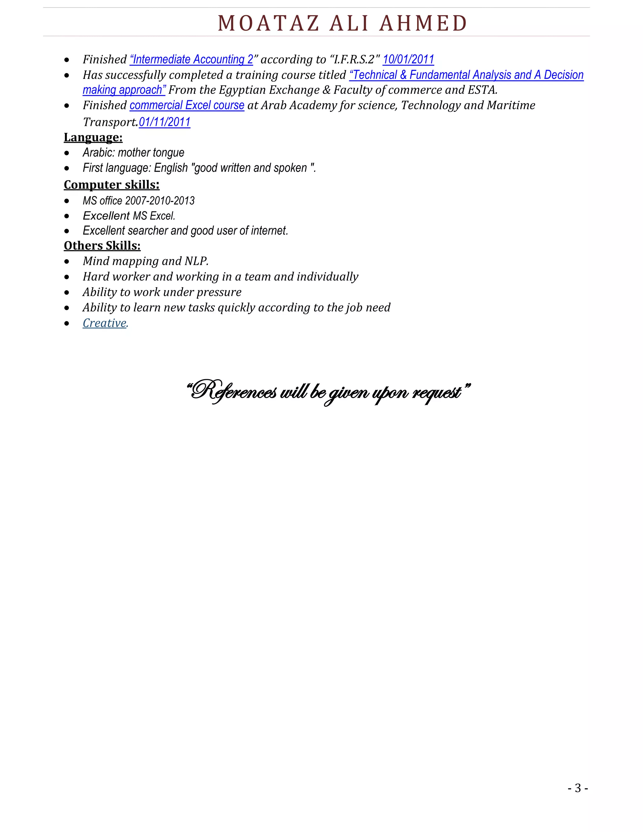 moataz ali ahmed CV | PDF | Business Accounting & Finance | Business