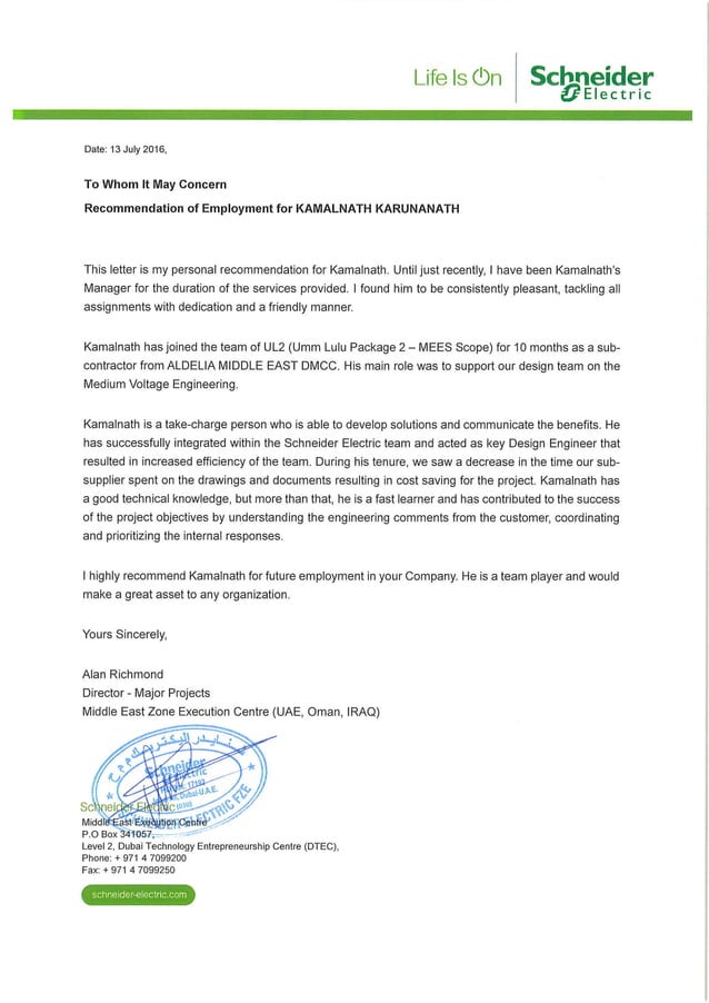 Schneider Electric recommendation letter | PDF